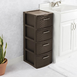 SPADEACES Stylish and Durable Weave Pattern Plastic Drawers 4-Drawer Tower, Ideal for Open Storage Needs, Espresso