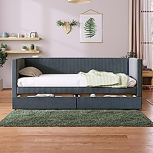 OPTOUGH Twin Size Corduroy Daybed with Two Drawers and Wood Slat,Sofa Bed Frame for Bedroom,Boys Girls,Gray