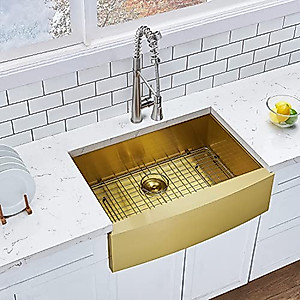 HOTIS Gold Farmhouse Sink, 30 Inch Gold Kitchen Sink, Flat Apron-Front Undermount Drop In Farm Sink, Stainless Steel Single Bowl Handmade Farmhouse Kitchen Sink, Workstation Sink With Accessories