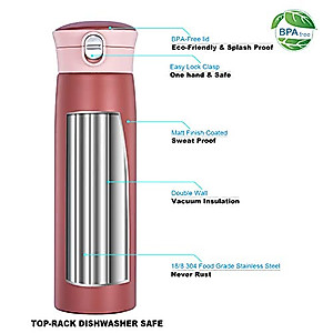 Diller Thermal Water Bottle, Coffee Travel Mug 16 or 8 oz Kids Mini Water Bottle Tumbler with Spout Lid, Leak Proof Flask for Kids and Women Keep 12H Piping Hot & 24H Cold (Pink, 8 oz)