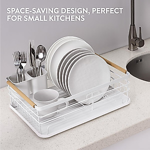 Navaris Dish Drainer Rack - Plate, Silverware, Pots and Pans Drying Rack for Kitchen with Beechwood Handles - Modern Retro Design Drip Tray - White