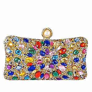 Boutique De FGG Pearl Clasp Colorful Gold Crystal Clutch Purses for Women's Evening Handbags Wedding Party Rhinestone Bag