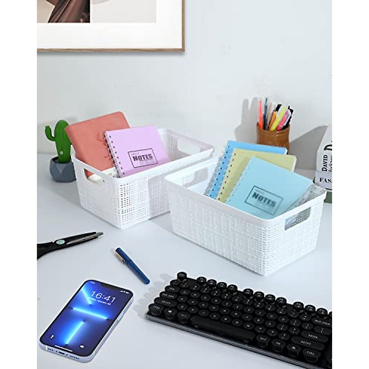 Set of 6 Plastic Storage Bins Pantry Organization and Storage Containers Storage Baskets Shelf Organizer Bins for Shelves Drawers Desktop Closet Playroom Classroom Office, White