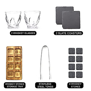 Whiskey Stones Gift Set for Men, Jewelvwatchro Whiskey Glasses Set in Wooden Box, 8 Basalt Chilling Rocks & 2 Scotch Glasses for Dad, Husband