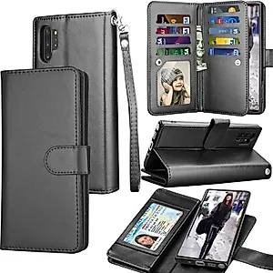 Galaxy Note 10 Plus Case, Galaxy Note 10+ Wallet Case, Luxury Cash Credit Card Slots Holder Carrying Folio Flip PU Leather Cover [Detachable Magnetic Hard Case] Kickstand for Samsung Note10+ [Black]