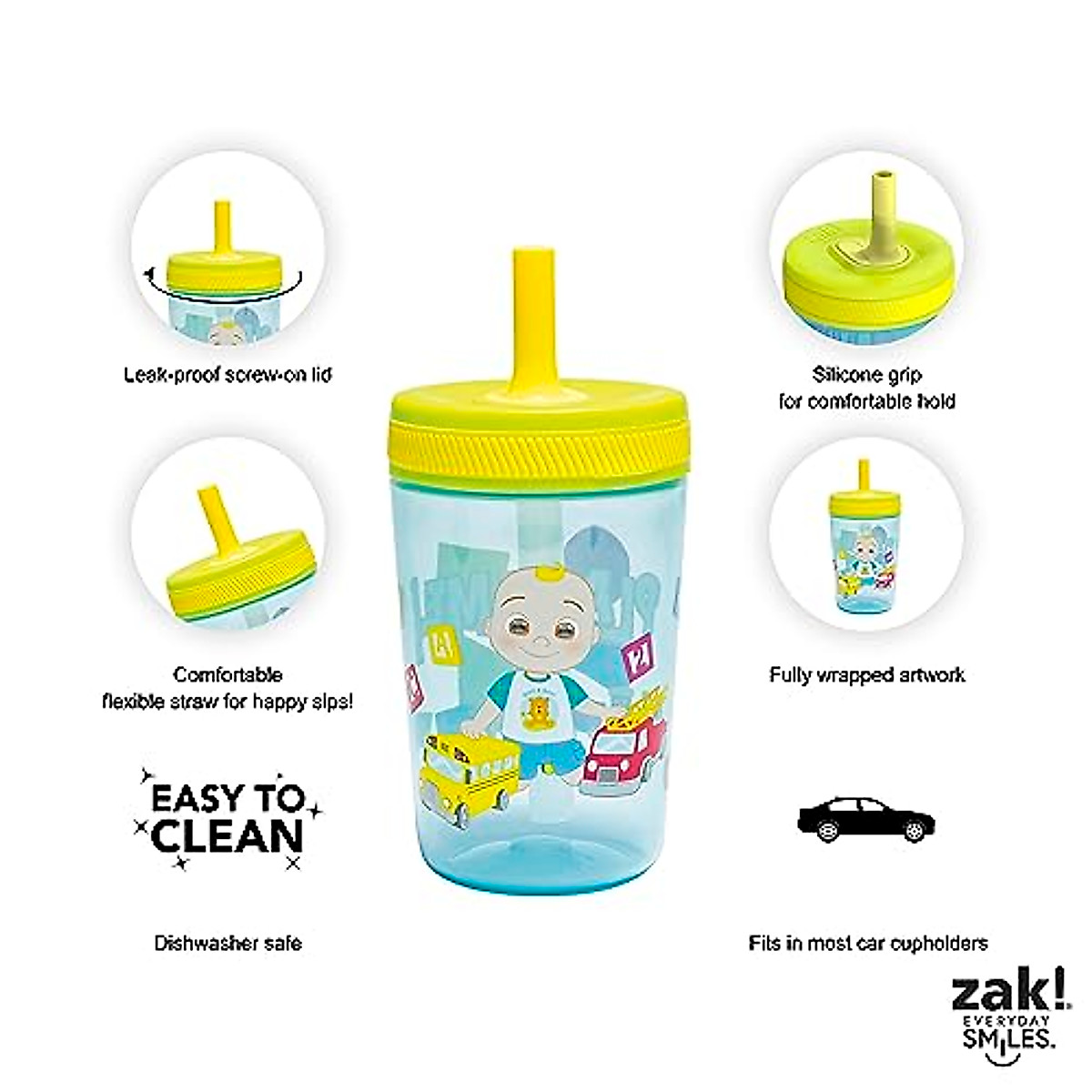 Zak Designs CoComelon Kelso Tumbler Set, Leak-Proof Screw-On Lid with Straw, Bundle for Kids Includes Plastic and Stainless Steel Cups with Bonus Sipper (3pc Set, Non-BPA), 15 fluid ounces