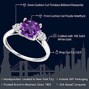 Gem Stone King 1.66 Cttw 10K White Gold Purple Amethyst and White Moissanite 3-Stone Engagement Ring | 3 Stone Wedding Anniversary Promise Ring For Women | Size 5,6,7,8,9