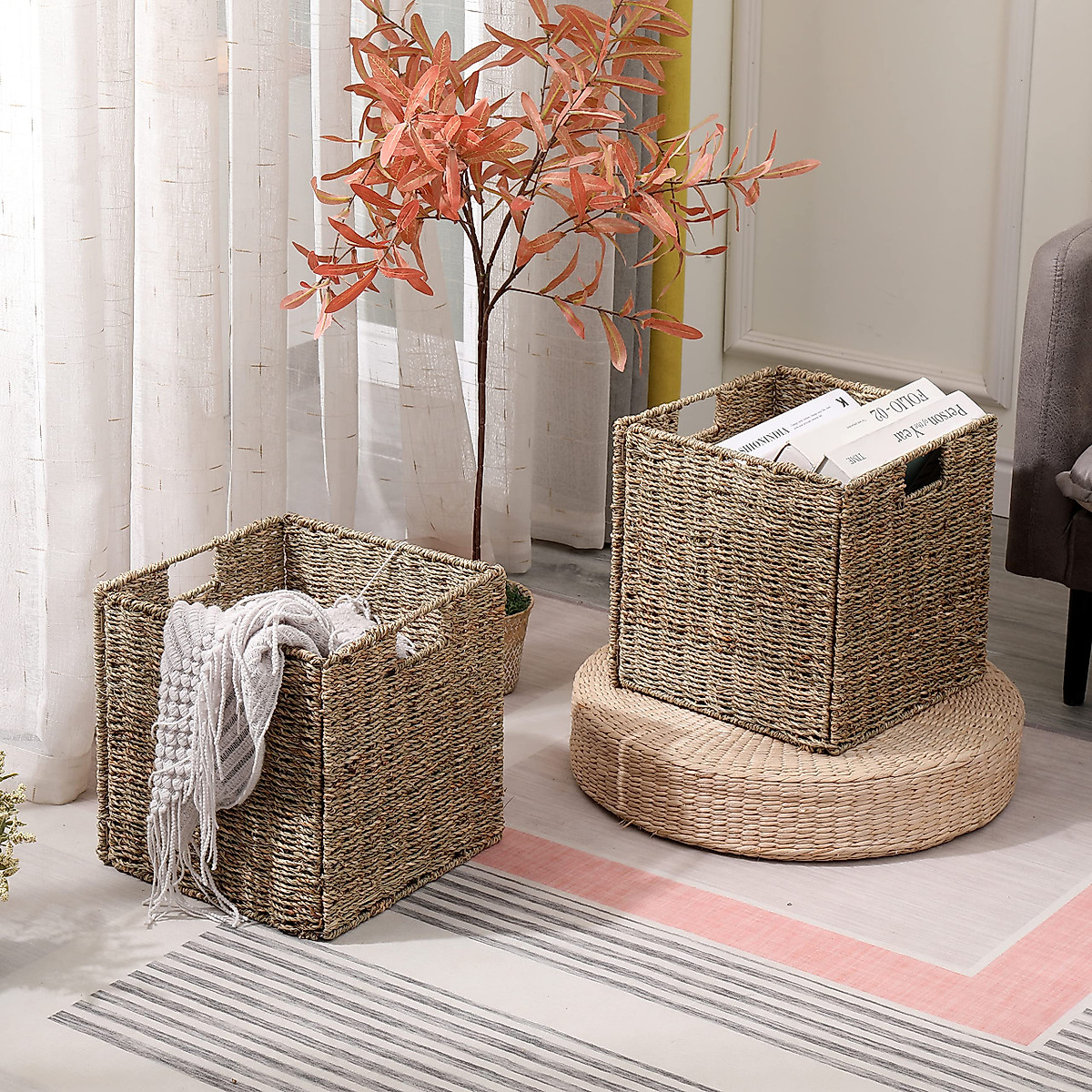 Seagrass Storage Basket,Folding 2 Packs Handmade Woven,Decorative Seagrass Shelf Basket,Wicker Shelf Basket For Storage Toys Books And Clothes and Other What You Want, 12x12x12 Inches. (seagrass)