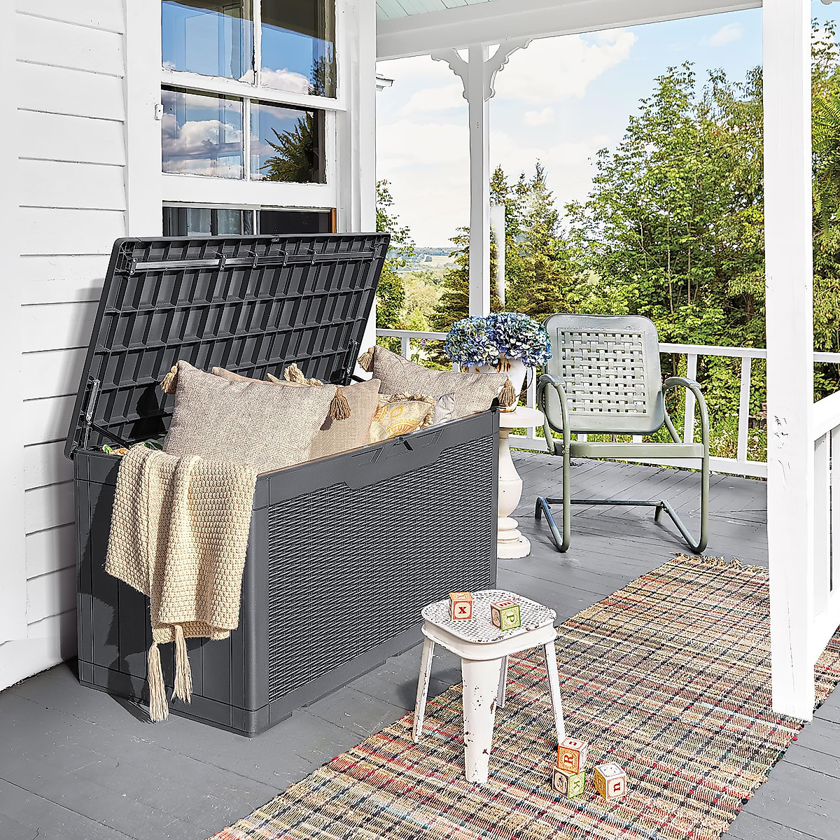 Devoko 97 Gallon Deck Box, Waterproof Resin Outdoor Storage Box for Outside and Patio, Large Outdoor Storage Bench Cabinet Lockable for Patio Furniture, Garden Tools and Pool Supplies (Gray)
