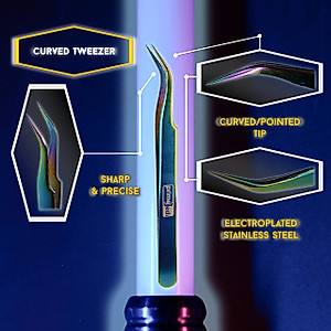 PrimeJedi Eyelash Extension Tweezers, Lash Applicator Tweezers, 3D 4D 5D Tweezer, DIY Lash Tweezers, Curved Tweezers, Tong Tweezers, 45 Degree Tweezer, Rainbow Tweezers in Tube Case (1 Set)