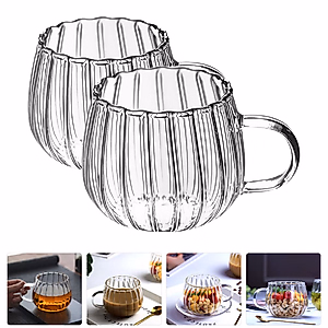 Zerodeko Glass Cups 2pcs Pumpkin Shaped Glass Mugs with Handle, Clear Coffee Mugs, Clear Drinking Cups Beverage Mugs Tea Mugs for Cappuccino, Latte, Espresso (350ml) Office Decor
