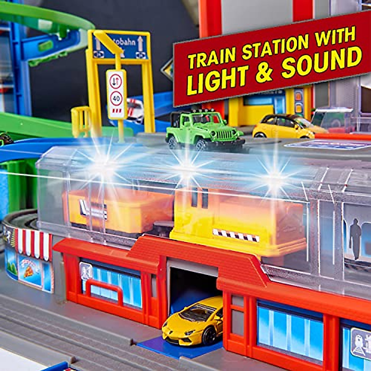 DICKIE TOYS: Majorette Super City Garage Playset with 6 Die-Cast Cars, Parking Building Play World on Seven Floors, 6 Light and Sound Effect Systems, For Ages 3 and up , 128 x 78 x 73 cm
