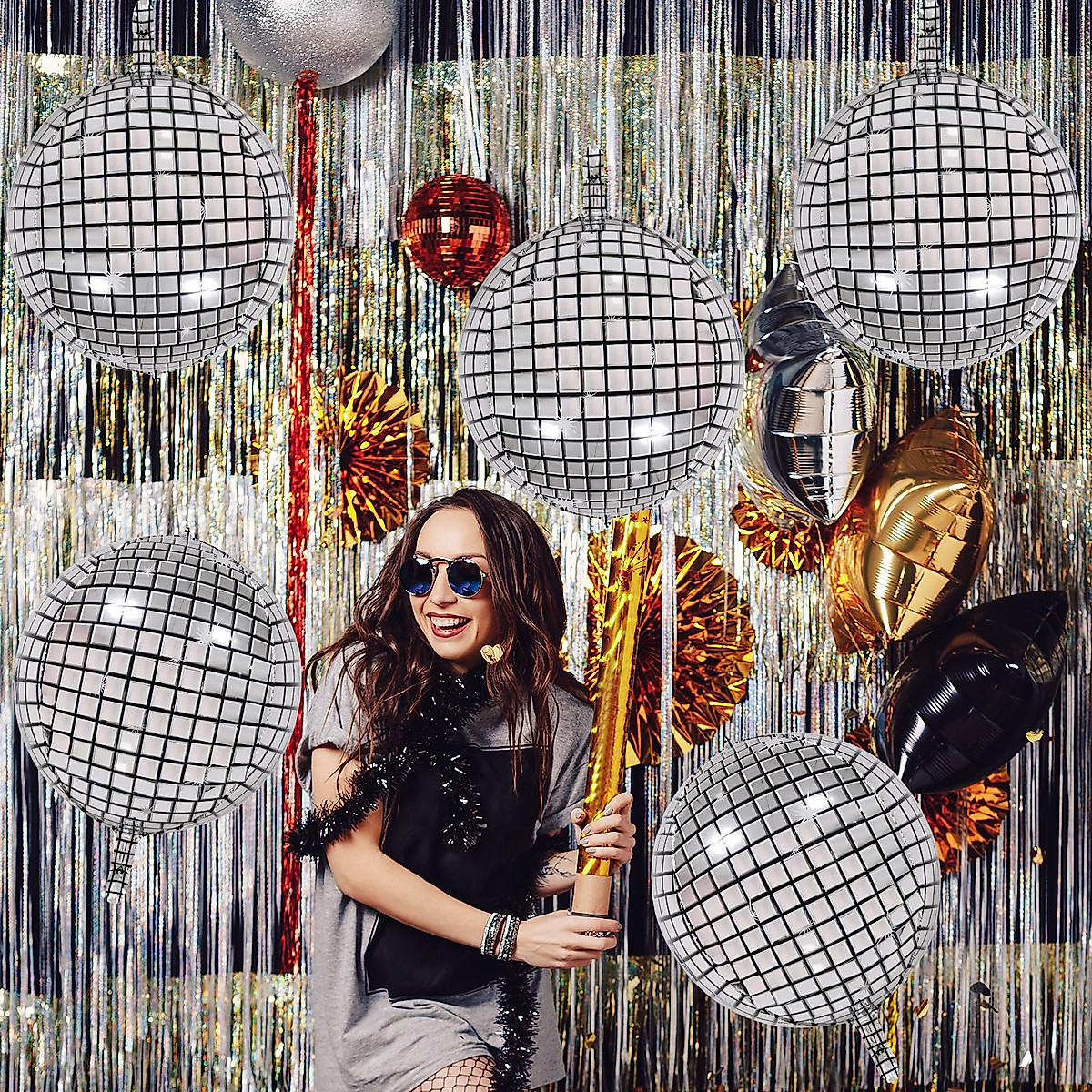 10 Pieces 22 Inches Large Silver Disco Ball Balloons - Large 4D Round Foil Mylar Mirror Balloons for Retro 70s Disco Dance Decorations Birthday Wedding Graduation Party Supplies