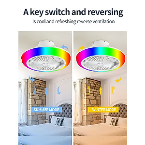 Bluetooth Ceiling Fan with Light and Speaker LED Color Enclosed Bladeless Low Profile Ceiling Fan With Light and Remote Control , Modern White Flush Mount RGB Ceiling Fan for Bedroom Dining Kids Room