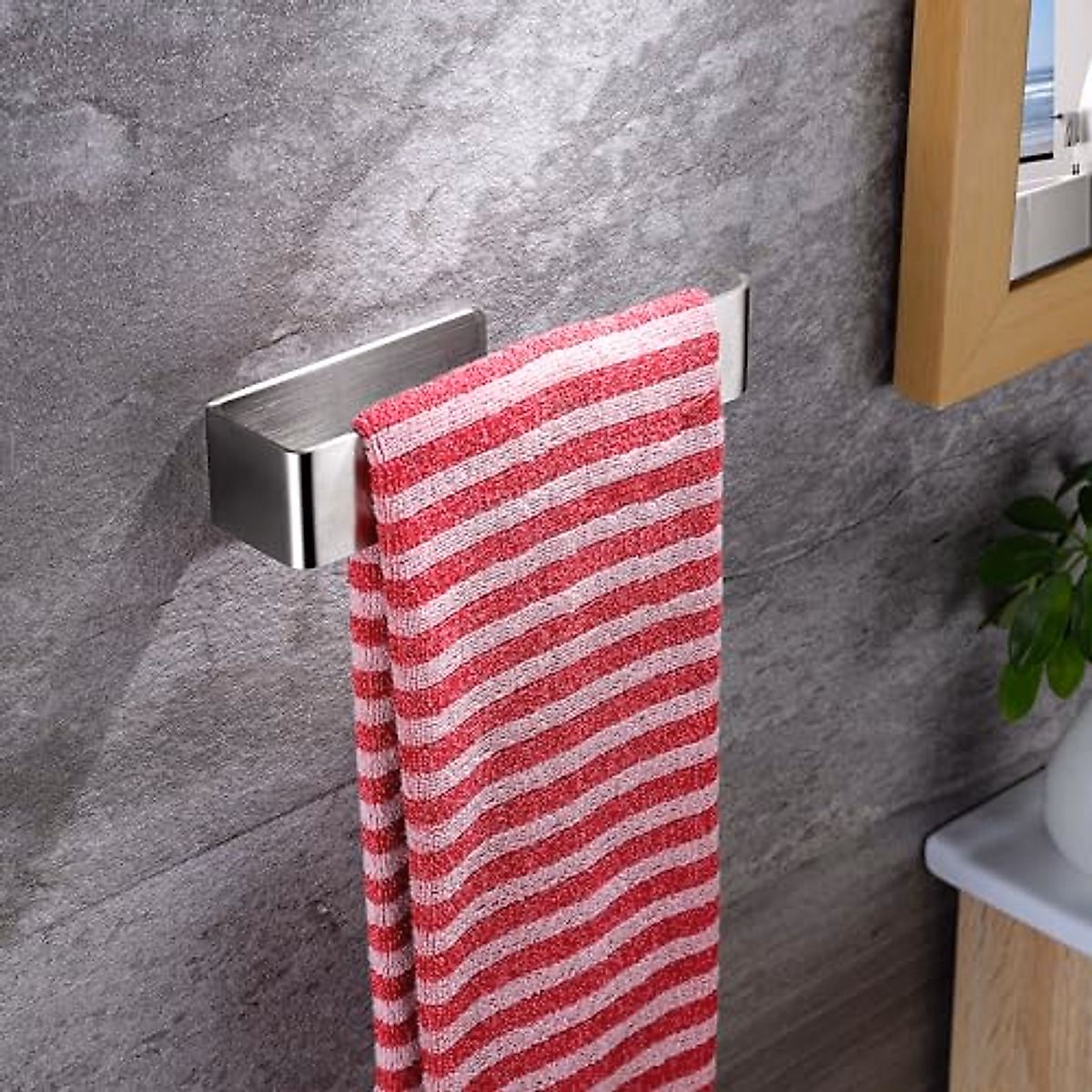 YIGII Hand Towel Holder, Self Adhesive Hand Towel Bar, Bathroom Towel Rack Stick on Wall, No Drilling Towel Hanger, Stainless Steel Brushed Silver