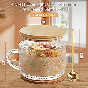 Vintage Coffee Mugs Glassware Set of 4-14oz Leak Proof Overnight Oats Containers with Lids and Spoons, Hobnail Glass Cups with Bamboo Lids, Ideal Coffee Bar Accessories Perfect for Coffee, Tea