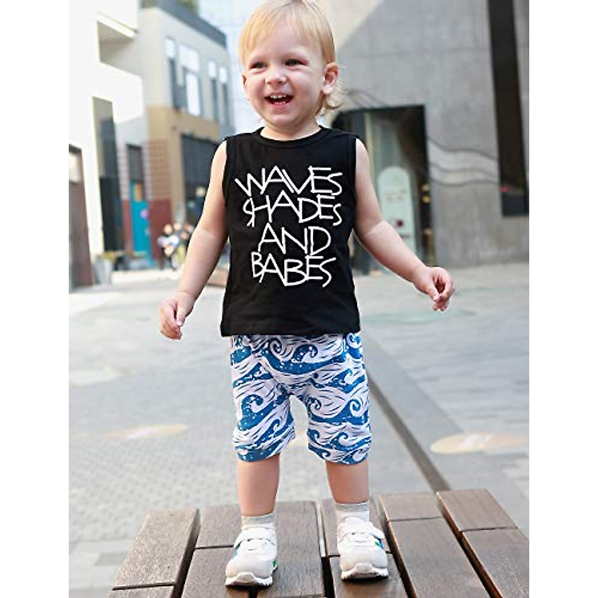 Helbaar Baby Boy Clothes Waves Shades and Babes Print Summer0 6 12 18 24months 2 3 T Black Sleeveless Tops and Wave Short Pants Outfits Set(18-24months)
