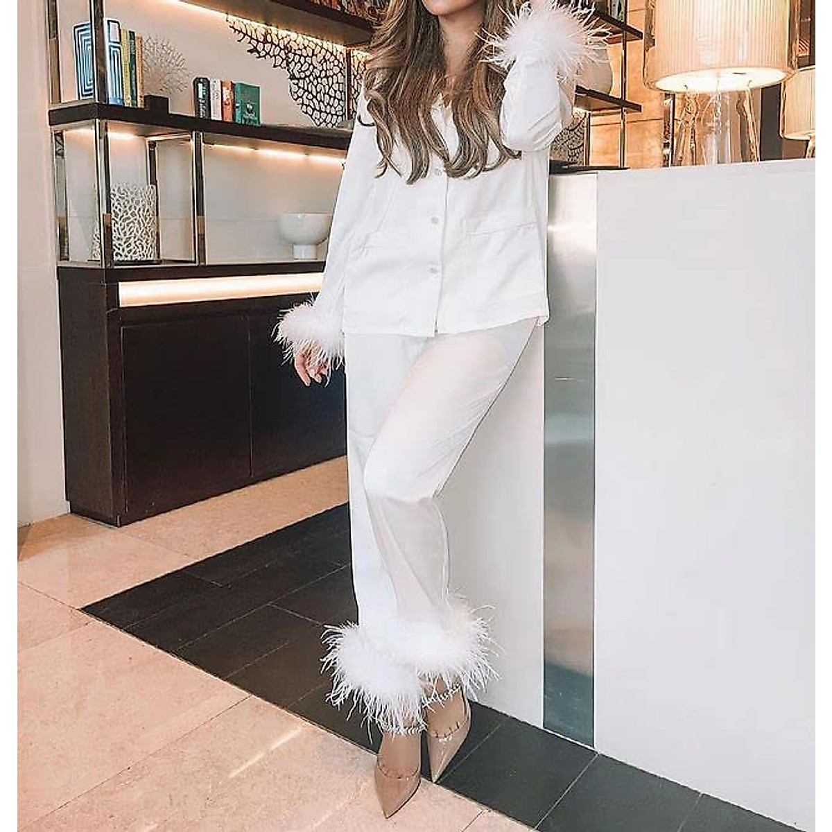 Button Down Pajamas Set for Women Long Sleeve Satin Silk Feather Trim Nightwear Loungewear (S, White)