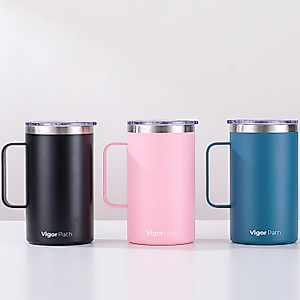 VIGOR PATH 24oz Insulated Coffee Mug with Handle and Sliding Lid - Double Wall Vacuum Stainless Steel Mug for Travel, Office, and Daily Use (Pink)