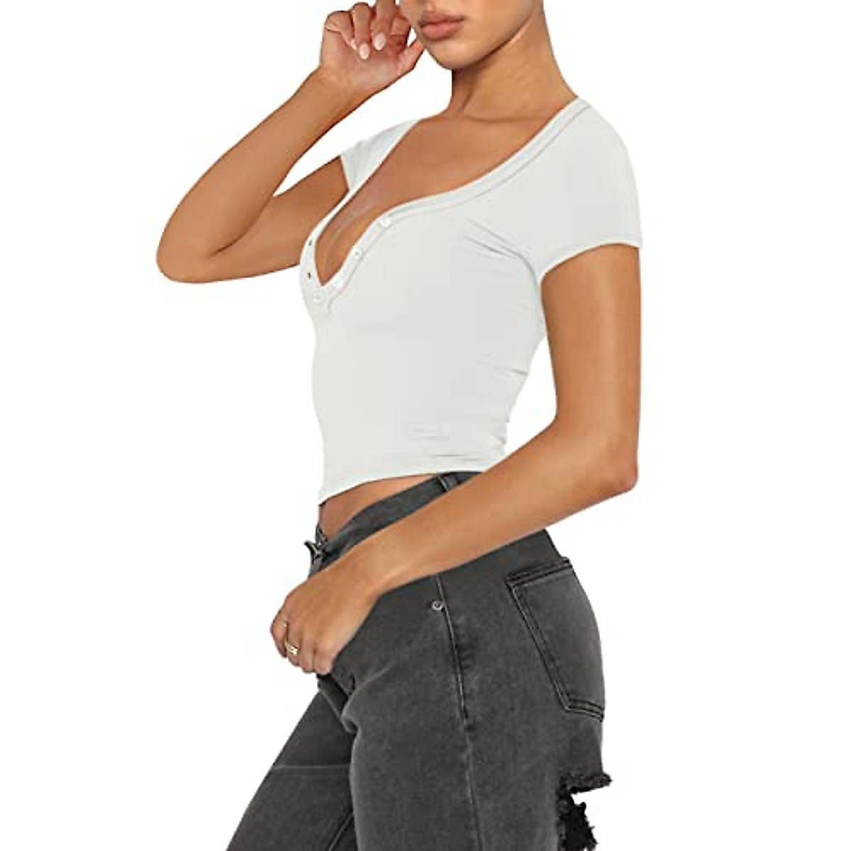 REORIA Women’s Summer Sexy Casual Henley V Neck Button Down Short Sleeve Going Out Y2K Ribbed Tshirts Crop Tops White Small
