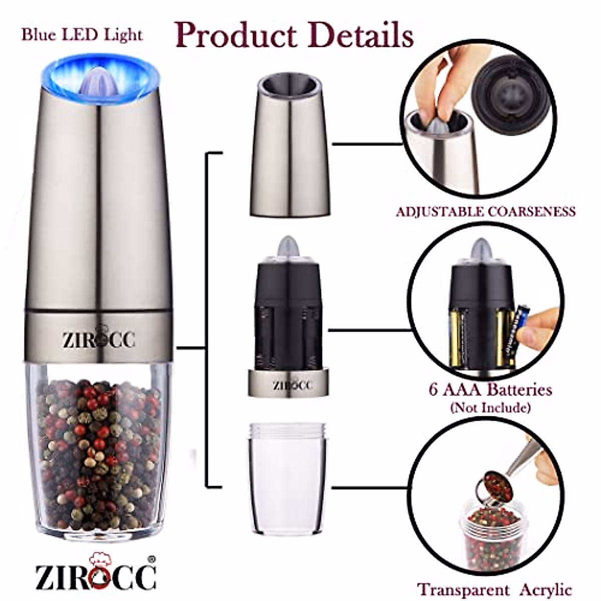 Gravity Electric Pepper and Salt Grinder Set-Adjustable Coarseness-Battery Powered with LED Light-One Hand Automatic Operation-Stainless Steel 2 Pack- Kitchen Gadgets Gifts Ideas By ZIROCC