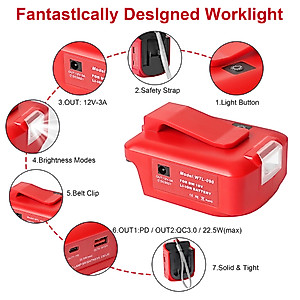 Xinriga Multi-Functional Power Adapter Compatible with DEWALT and Milwaukee Batteries with Dual USB Ports and 12V DC Port Three-mode work light-Compatible with DEWALT USB Charger Adapter 20V Batteries