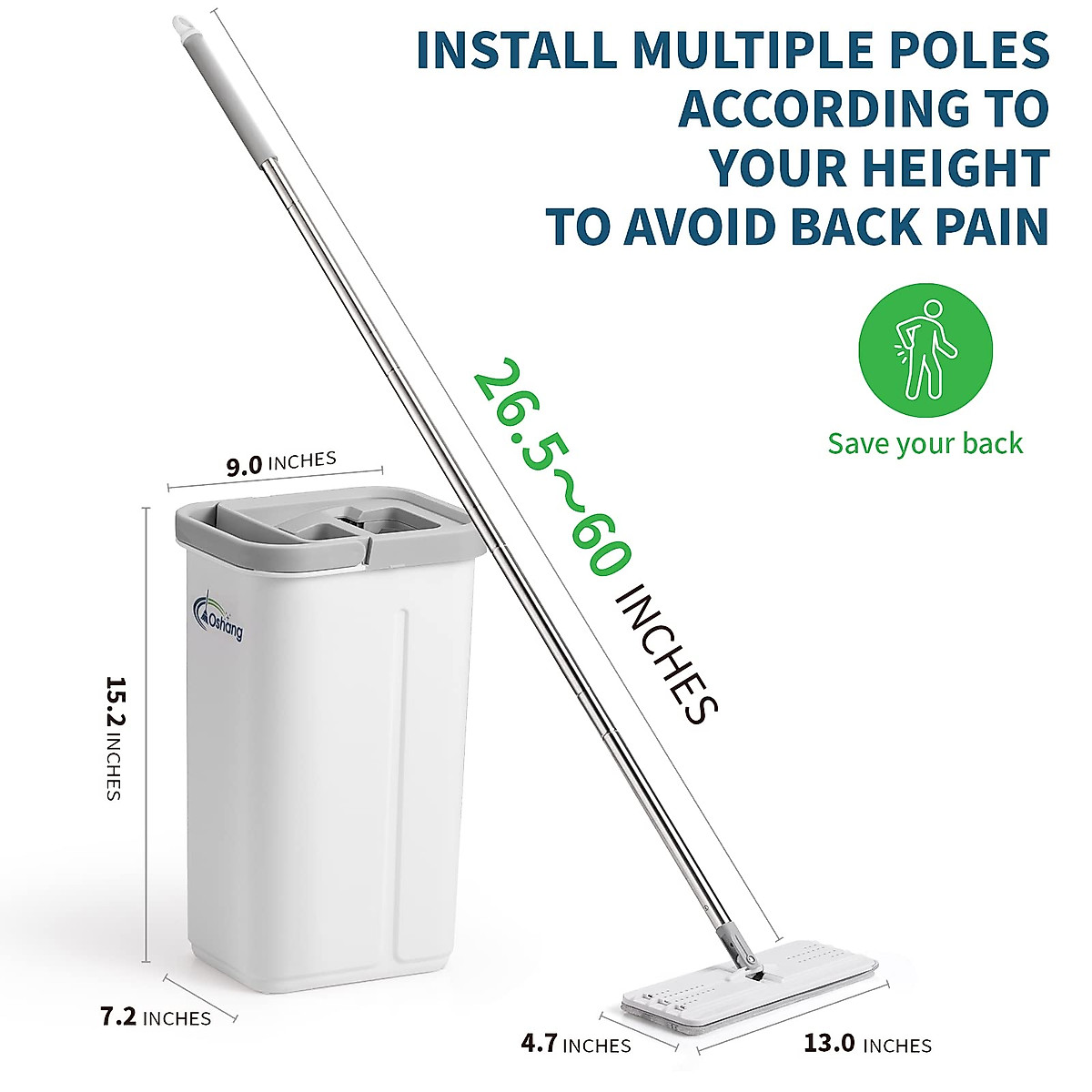 oshang Flat Floor Mop and Bucket Set OG3, Hands Free Home Floor Cleaning System, 60" Long Stainless-Steel Handle, 2 Washable & Reusable Microfiber Mop Heads, Perfect Home Wall Window Kitchen Cleaner