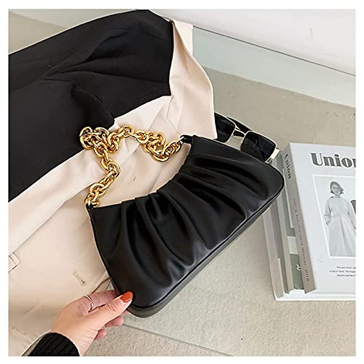 JOLLQUE Shoulder Bag for Women,Small Leather Dumpling Bag Handbag Purse,Gold Chain Going Out Evening Clutch Purses (Black)