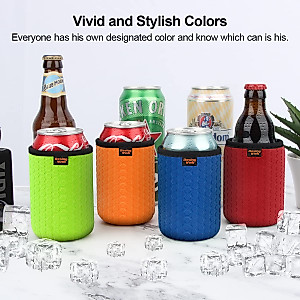 Desing Wish 12oz Standard Can Cooler Sleeve Holder Honeycomb Insulator Beer Cans Cover 12OZ Beer Bottle Sleeves Non-slip Neoprene Soda Cans Coolers Holders 4 Pack (Red/Blue/Green/Orange)