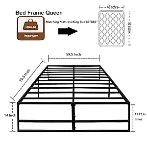 HOMWAYART Heavy Duty Bed Frames Queen Size No Box Spring Needed, Cheap 14 Inch High Black Metal Platform Base De Cama Queen,Clearance Simple Double Bedframe.