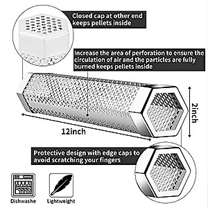 Hexagon Pellet Smoker Tube,12 inch Stainless Steel BBQ Wood Pellet Tube Smoker for Cold/Hot Smoking,5 Hours of Billowing Smoke-for Any Grill or Smoker,with 2 S Shape Hooks+1 Cleaning Brush.
