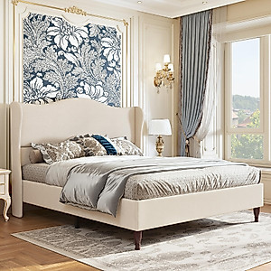 koorlian Queen Size Bed Frame Upholstered Platform Bed with 51" Tall Headboard Wingback, Soft Fabric, Retro Simple Style Platform Bed No Box Spring Needed, Easy Assembly, Beige