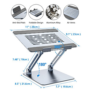 AboveTEK Laptop Stand, Adjustable Laptop Riser, Aluminum Computer Stand for Laptop up to 17.3 Inches, Portable Laptop Holder Compatible with MacBook Pro, HP, Ergonomic Desktop for Office, Home, Grey