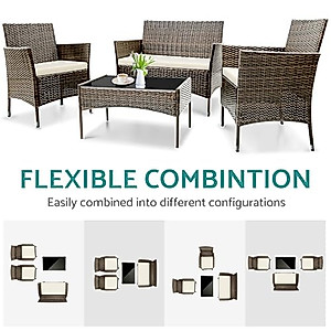TINKLE WELL 4-Piece Brown Patio Furniture Set – Sectional Wicker Rattan Sofa with Thick Cushions and Table for Garden, Yard, or Porch