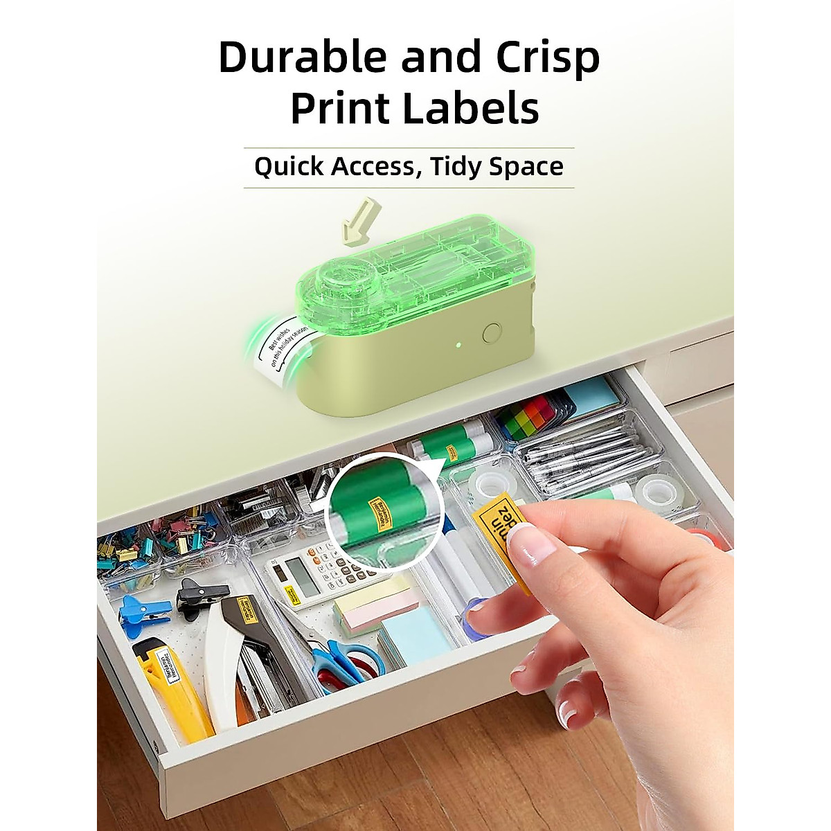 Makeid Label Maker Machine with Tape - Portable & Rechargeable Label Makers with Built-in Cutter.63" Waterproof Tape - Wireless Label Printer Compatible with Android & iOS Devices - Green