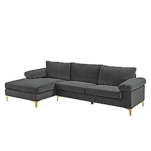 Casa Andrea Milano Modern Sectional Sofa L Shaped Velvet Couch, with Extra Wide Chaise Lounge and Gold Legs, Large, Dark Grey