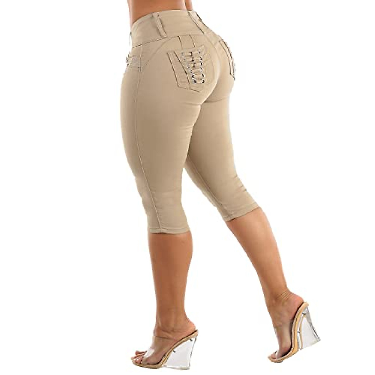 Moda Xpress Womens Juniors Khaki Butt Lifting Mid Rise Denim Capris Size 17 10003U