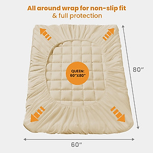 MATBEBY Queen Size Mattress Pad - Cooling Breathable Mattress Topper, Quilted Fitted Mattress Protector, Pillow Top Mattress Cover with 8-21" Deep Pocket, Soft, Machine Washable, Beige, 60x80 Inches