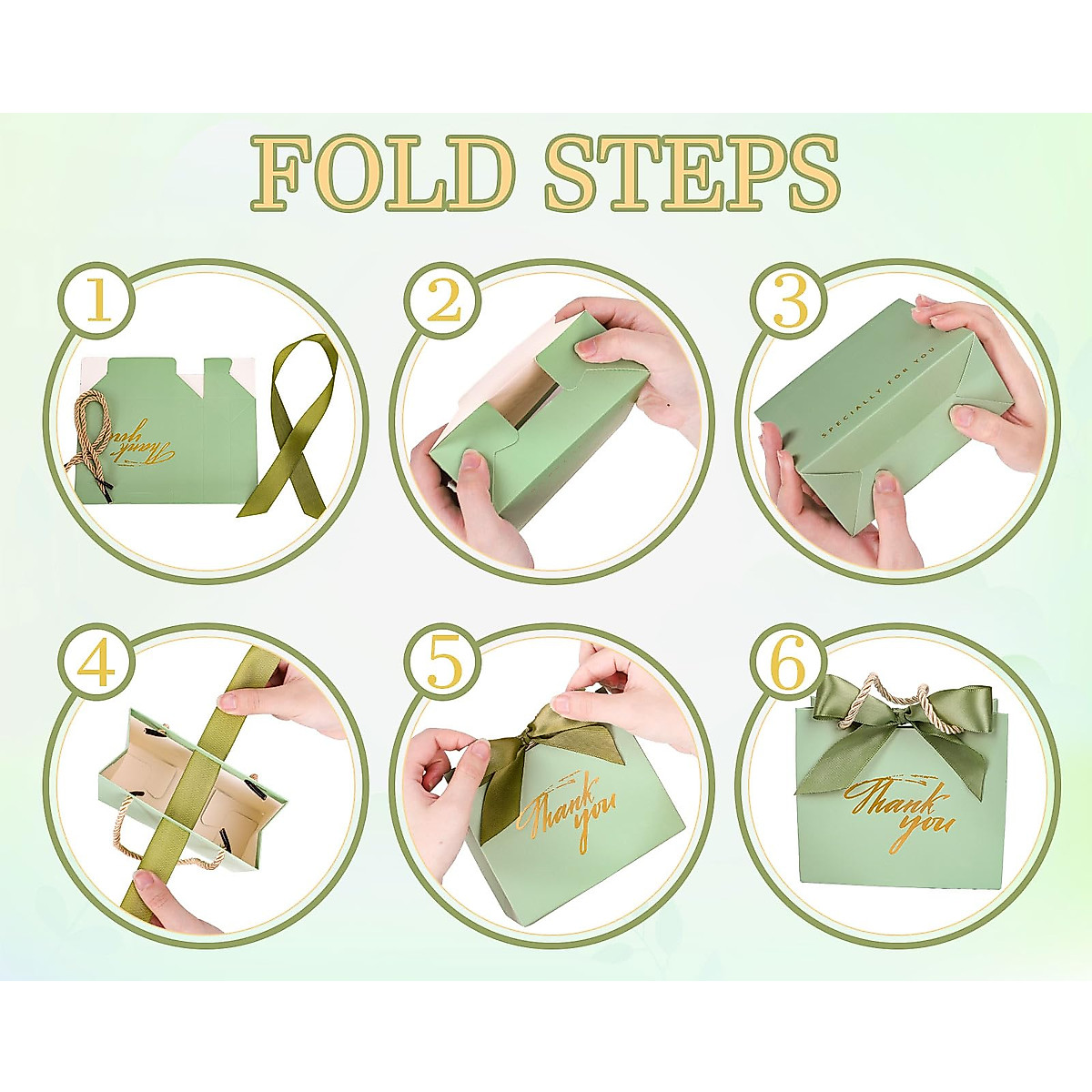 Whaline 50Pcs Thank You Paper Gift Bags with Bow Sage Green Party Favor Bags with Handles for Wedding Bridal Baby Shower Birthday Party (Assembly Required)