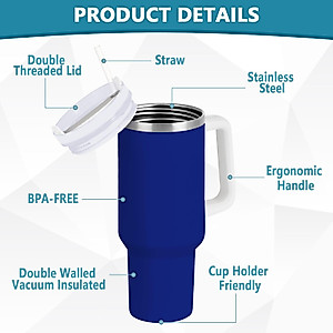 Emelivor Royal Blue 40 oz Tumbler with Lid and Straw Insulated Tumblers with Handle Leak Proof Coffee Tumbler Mug Large Water Bottles for Men Women Sports Gym