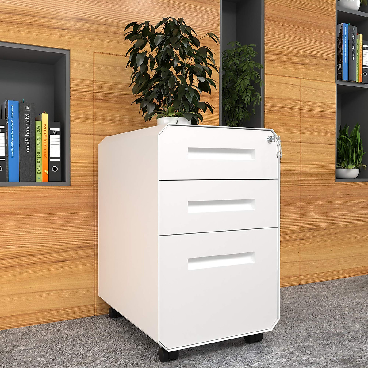 YITAHOME 3-Drawer Filing Cabinet Office Drawers with Lock, Divider and Pencil Tray, Portable Metal File Cabinet, Pre-Built Office Storage Cabinet (White)