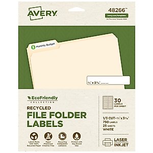 Avery EcoFriendly Recycled File Folder Labels, 2/3" x 3-7/16", White, Permanent Label Adhesive, 750 Printable Labels (48266)