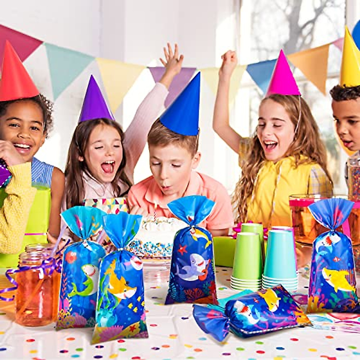 100 Pcs Shark Candy Bags Cute Blue Shark Cellophane Bags Blue Shark Gift Treat Bags Plastic Goodie Bags with 150 Ties Shark Birthday Party Decorations Favors for Boys Shark Themed Baby Shower Party