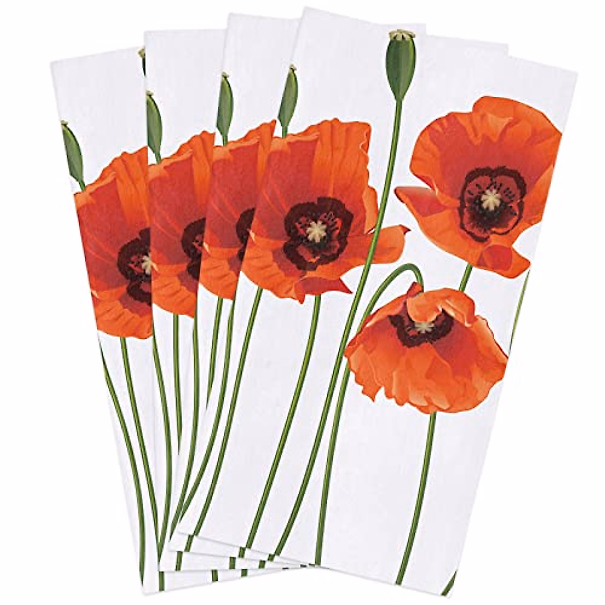 Kitchen Towels Dish Towel Set of 4,Red Poppy Floral Green Plant Absorbent Hand Towels Cleaning Dishcloth Tea Towels,Farm Watercolor Flower Reusable Drying Dish Cloths