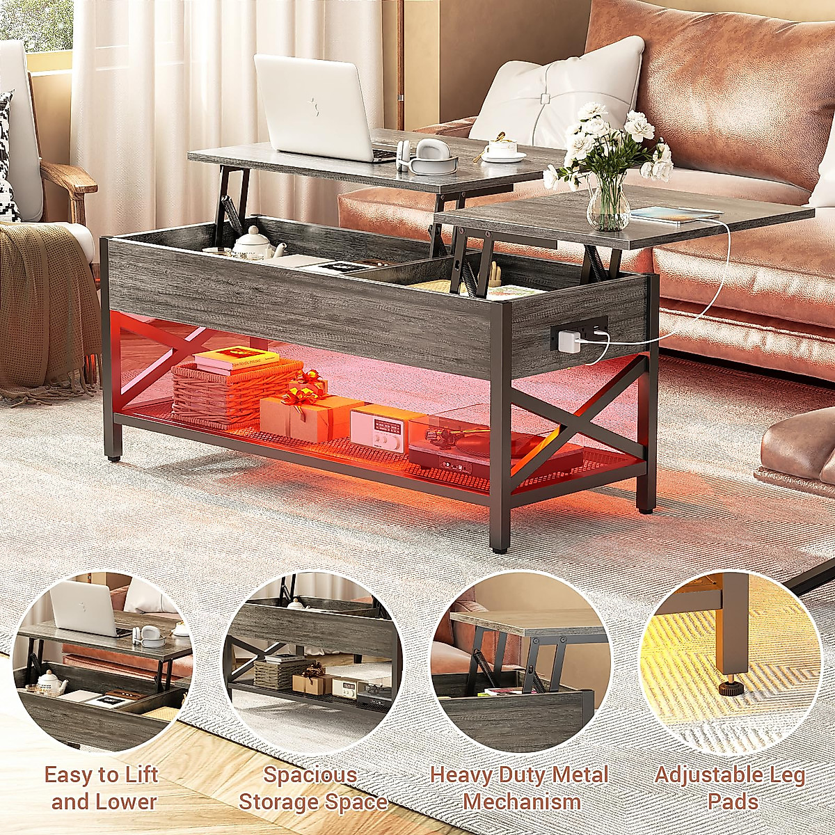 Besiost Coffee Table, Lift Top Coffee Table with Storage, LED Light & Power Outlet and Hidden Compartment, Retro Center Table for Living Room, X Support Wood Tabletop, Metal Frame, Black Oak