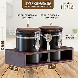 BrewBase - Premium Coffee Storage Containers with Airtight Oak-Wood Lids & Shelf + Scoop, 304 Stainless Coffee Bean Storage Organizer for Kitchen - Coffee Container for Ground Coffee Sugar & More