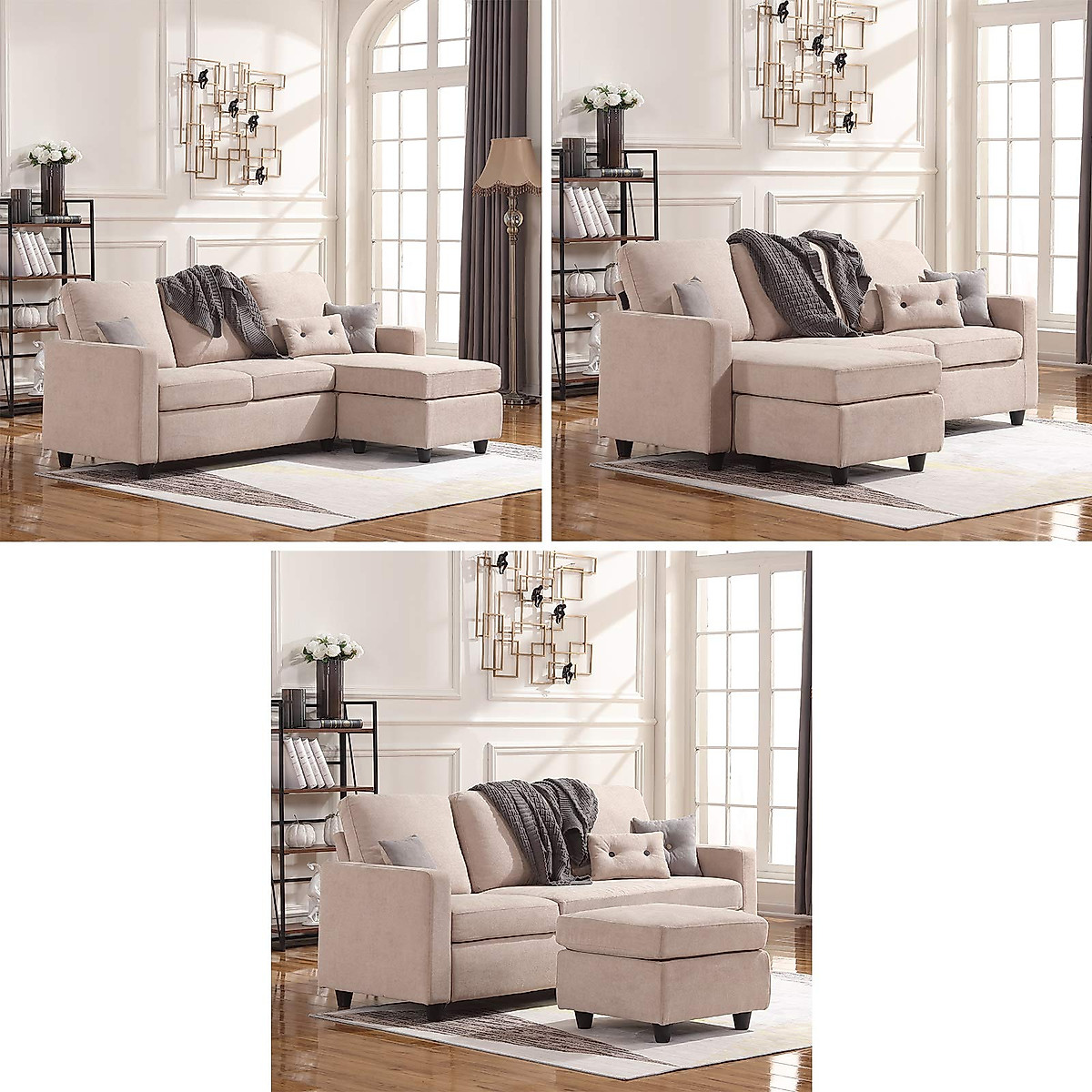 HONBAY L Shaped Couch with Linen Fabric,Convertible, Reversible Sectional Sofa for Small Space, Dark Beige
