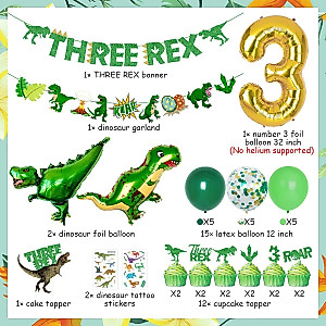 Dinosaur 3rd Birthday Decorations, 3 Rex Birthday Party Supplies - Three Rex Banner, Cake&Cupcake Toppers, Dinosaur Balloons,Temporary Tattoos for Roar I’m 3 Boys Girls Birthday