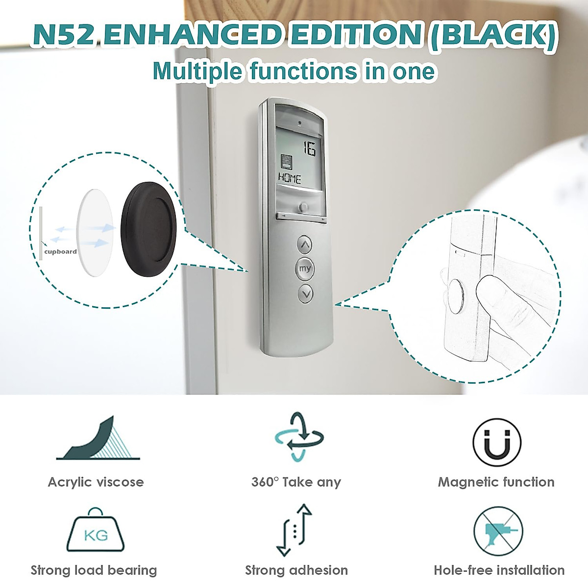 WALLFID 5 Pack N52 High Magnetic Remote Control Holder Wall Mount Holders Hole-Free Phone Charging Organizer Storage Containers For Home Office School Supply Storage.(Black Enhanced version)