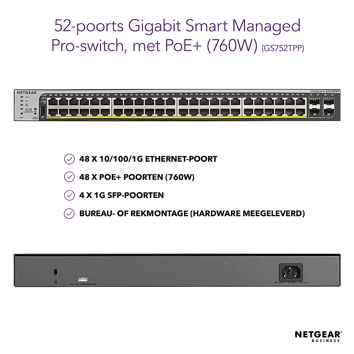 NETGEAR 52-Port Gigabit Ethernet Smart Managed Pro PoE Switch (GS752TPP) - with 48 x PoE+ @ 760W, 4 x 1G SFP, Desktop/Rackmount, and and ProSAFE Lifetime Protection
